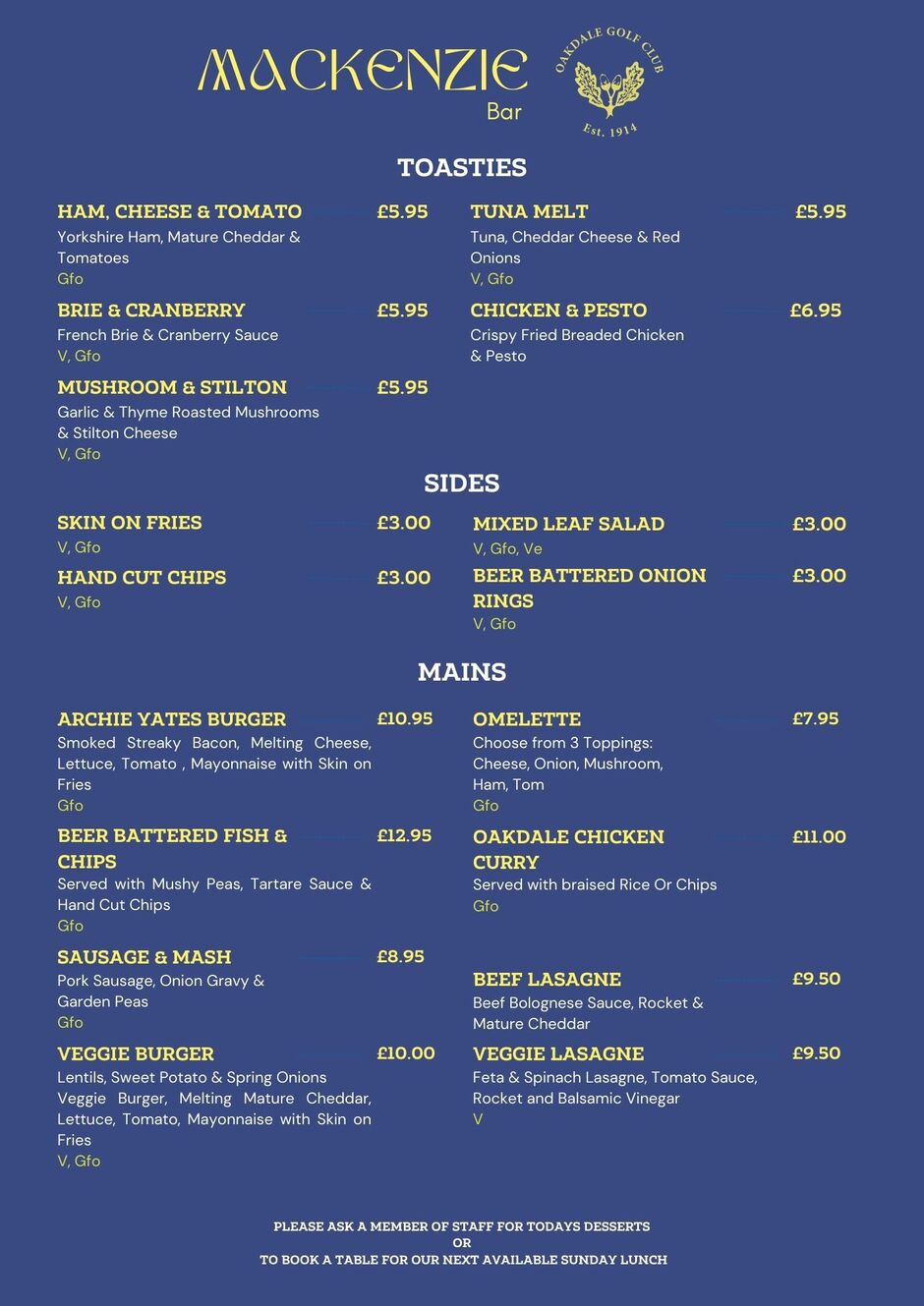 Clubhouse Opening Times & Menu